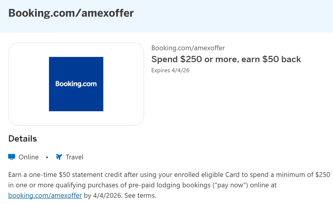 Targeted Amex Offer: $50 Back on $250+ Prepaid Booking.com Hotel ...